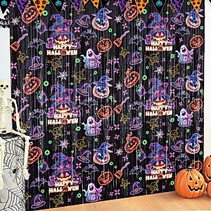 HOWAF 2 Packs Neon Halloween Ghost Fluorescence Foil Fringe Curtains Decoration 3.2 * 6.5ft Halloween Horror Night Glow UV Neon Pumpkin Bats Foil Fringe Photo Booth Backdrop Streamer Tinsel Curtains