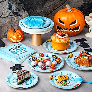 Havawish 96 Pcs Little Boo Is Almost Due Decorations Halloween Baby Shower Tableware Party Supplies Ghost Paper Plates Napkins Forks Set for Halloween Themed Baby Shower Party Favor (Blue,Classic)
