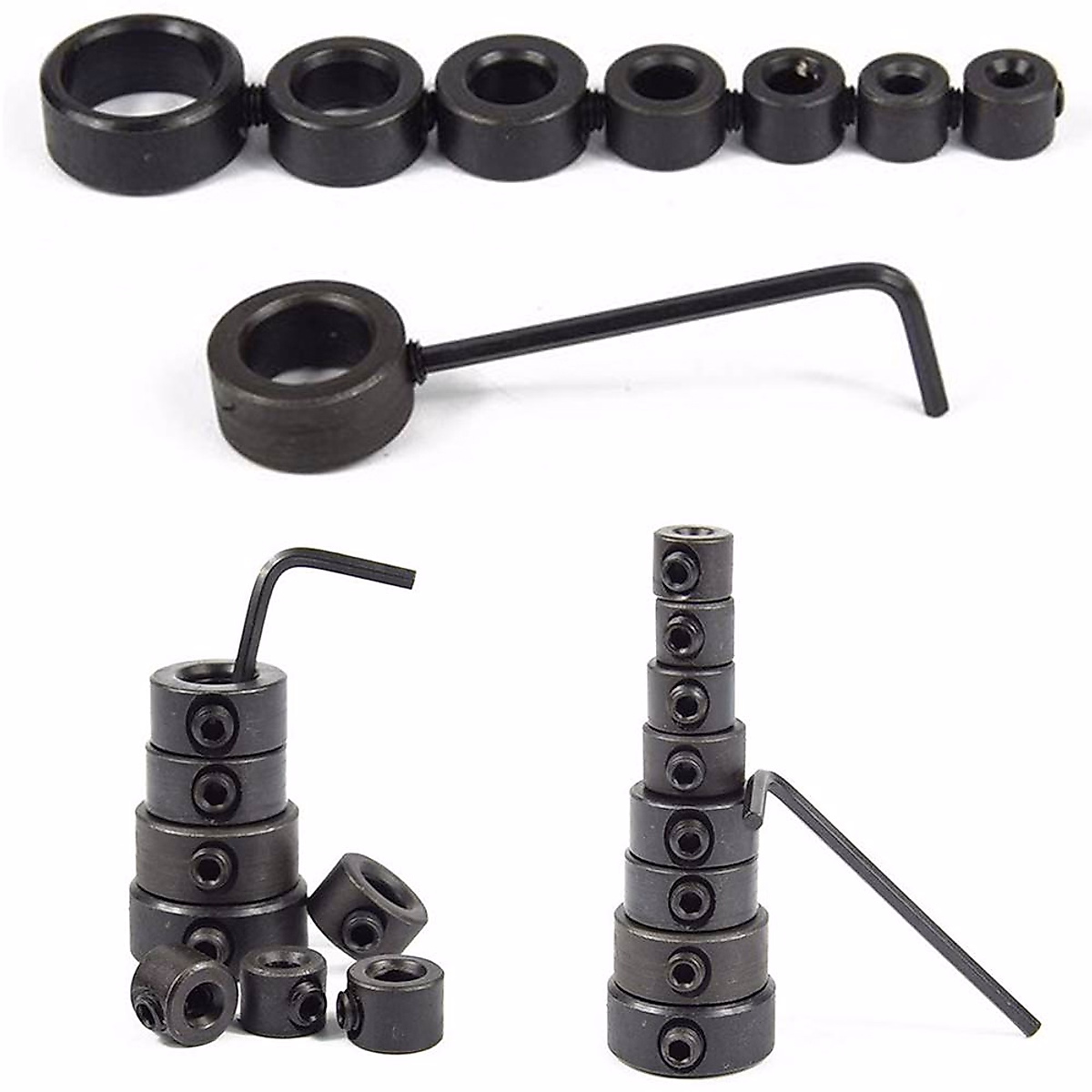 8PCS Drill Depth Stop Collars Limit Ring,1/8,3/16,1/4,5/16,3/8,7/16,1/2,5/8 Drill Depth Stop Collars Ring Dowel Shaft Chuck, Hex Wrench Woodworking for Drill Bits Consistent Drilling