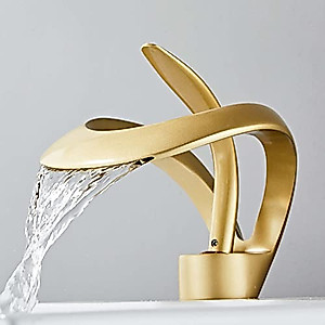 Elegant Waterfall Single Handle 1-Hole Bathroom Vessel Sink Faucet Bathroom Faucet Solid Brass Bathroom Vessel Sink Faucet Vanity Sink Faucet Mixer Basin Tap cUPC Certified（Frosted Gold）