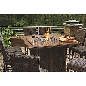 Signature Design by Ashley Paradise Trail Square Bar Table with Fire Pit, Medium Brown