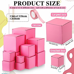 Yeaqee 24 Pcs Prank Gift Box with Ribbon Nesting Gift Boxes Assorted Sizes Surprise Square Funny Gag Gift Box for Packaging Presents Weddings Birthday Christmas Anniversaries, 1.9-6.3 Inch (Pink)