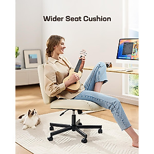 Marsail Criss Cross Chair with Wheels, Scratch-Resistant PVC Leather Cross Legged Office Chair, Wide Mid-Back Comfy Armless Desk Chair, Height Adjustable Vanity Computer Chair for Home Office