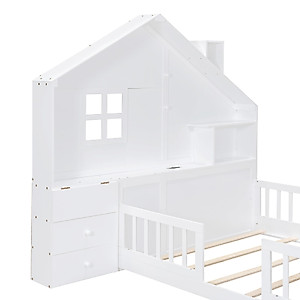 Harper & Bright Designs Full Floor Bed for Kids, Wood Montessori Floor Bed with Rails,Full House Bed with Window and Bedside Drawers,Kids Full Bed with Shelves and a Set of Sockets and USB Port,White