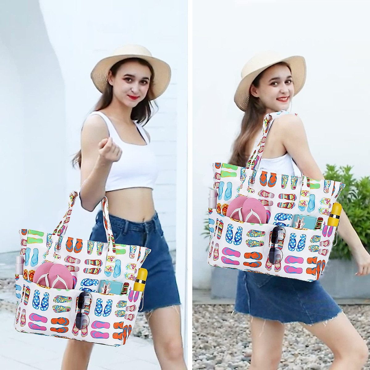 Waterproof Beach Tote Pool Bags for Women Ladies Extra Large Gym Tote Carry On Bag With Wet Compartment for Weekender Travel (slipper)