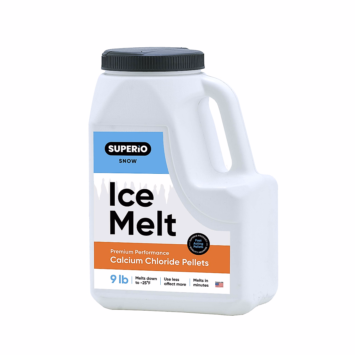 Superio Calcium Chloride Ice Melt Pet Safe Ice Melt Salt Deicer Pellets Heat for Snow and Ice on Concrete or Driveway (9 LB JUG)