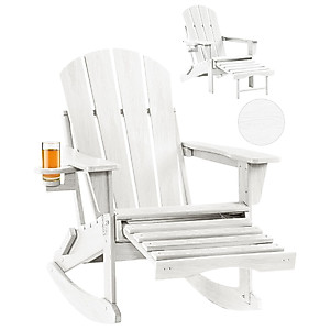 Serique Folding Adirondack Rocking Chair,4-in-1 Multifunctional Patio Chair with Retractable Ottoman, Outdoor Chair Wood Texture, Lawn Chair for Porch, Backyard, Pool(White)