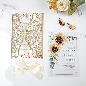 Maffily 50pcs Gold Glitter Laser Cut Invitation Pocket Blank Wedding Invitations with Envelopes And Rsvp Cards Ribbons for Wedding Quinceanera Bridal Shower Engagement Party Invite