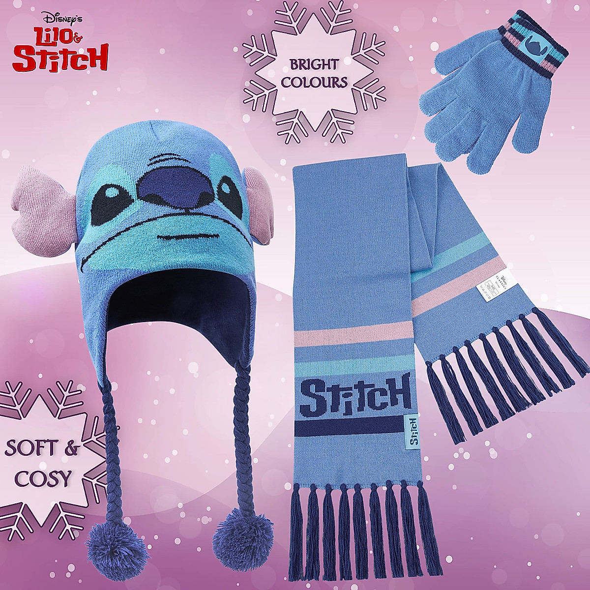 Disney Stitch Girls Beanie Scarf Teenagers Kids Gloves Winter Accessories Stitch Gifts, Different Sets to Choose (Blue Stitch 3 Pcs)