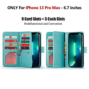 Varikke iPhone 13 Pro Max Wallet Case - Women's 9-Card Holder, Detachable Magnetic Cover, Kickstand, Glitter PU leather, Mint