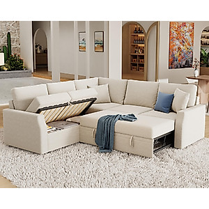 Jocisland Sofa Bed, 85 Inch Sleeper Sofa with Pull Out Bed & Storage Seat, Reversible L Shape Sectional Couch for Living Room Apartment, Beige Linen Oversized Sofa