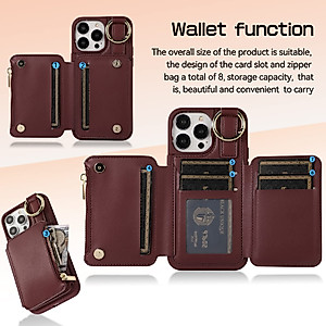 Furiet Wallet Case for iPhone 11 Pro 5.8 with Wrist Shoulder Strap Card Holder Ring StFlip PU Leather 6+ Slots Zipper RFID Blocking Phone Cover for iPhone11pro iPhone11 i XI 11s 11pro Wine Red