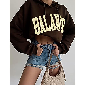 Wyeysyt Women's Letter Graphic Hoodies Casual Fashion Drawstring Sweatshirt Long Sleeve Y2k Print Pullover(Coffee-M)