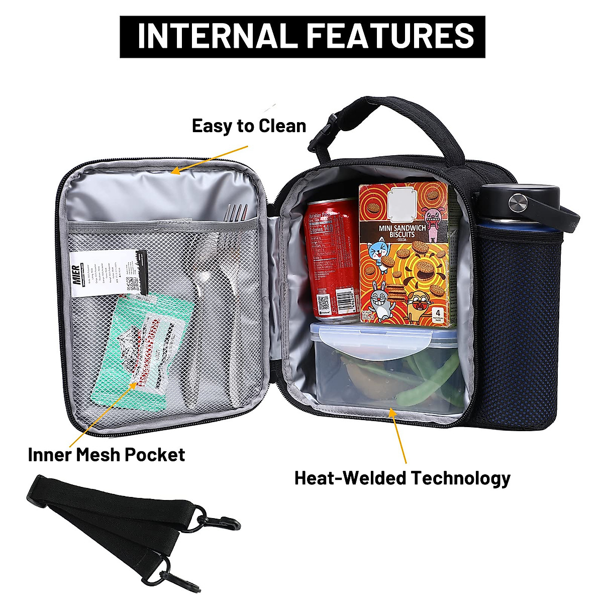 MIER Insulated Lunch Box Bag Expandable Lunch Pack for Men, Women, Without Water Bottle Holder, Black