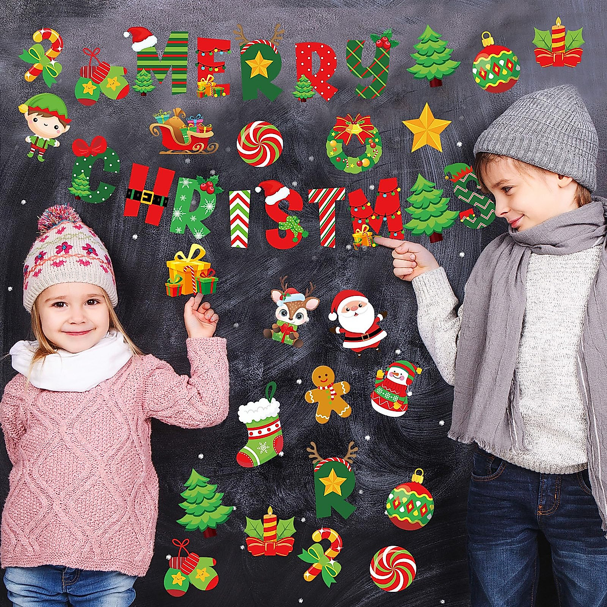 Estune 72 Pcs Merry Christmas Bulletin Board Set Winter Decoration Set Christmas Tree Candy Wreath DIY Cardstock Paper Cutout Holiday Borders Bulletin Teacher Supplies