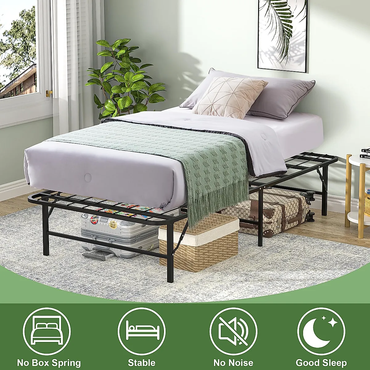 VECELO 14 Inch Foldable Metal Platform Bed Frame, Tool-Free Assembly/Box Spring Replacement/Quiet Noise Free-King, Black