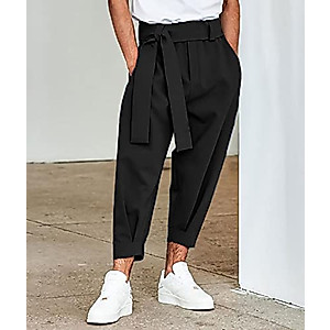 SOMTHRON Men's Harem Cropped Pants Elastic Waist Belted Baggy Bow Tie Beach Yoga Ankle Length Trousers BL-L Black