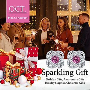 Knot Birthstone Stud Earrings for Women, 18K White Gold Plated 925 Sterling Silver Gemstone Earrings Gorgeous Sparkle Round Cut Pink Corundum October Birthstone Earrings for Women Mom Birthday Gifts