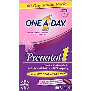 One A Day Women's Prenatal 1 Multivitamin Including Vitamin A, Vitamin C, Vitamin D, B6, B12, Iron, Omega-3 DHA & more, Tablet,Softgels, 60 Count - Supplement for Before, During, & Post Pregnancy