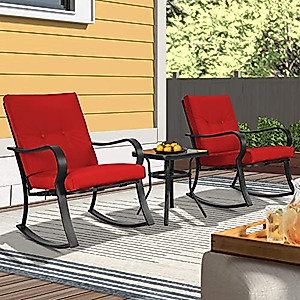 SOLAURA 3-Piece Outdoor Rocking Chairs Bistro Set, Black Iron Patio Furniture with Red Thickened Cushion & Glass-Top Coffee Table