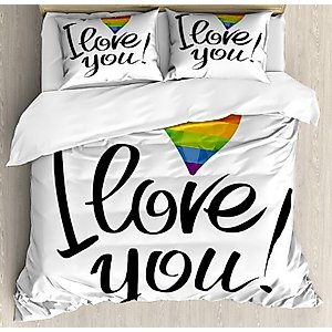 Ambesonne Pride Duvet Cover Set, I Love You Letters Polygonal Effect Rainbow Color Heart Gay Lesbian Couples, Decorative 3 Piece Bedding Set with 2 Pillow Shams, Queen Size, Black Rainbow
