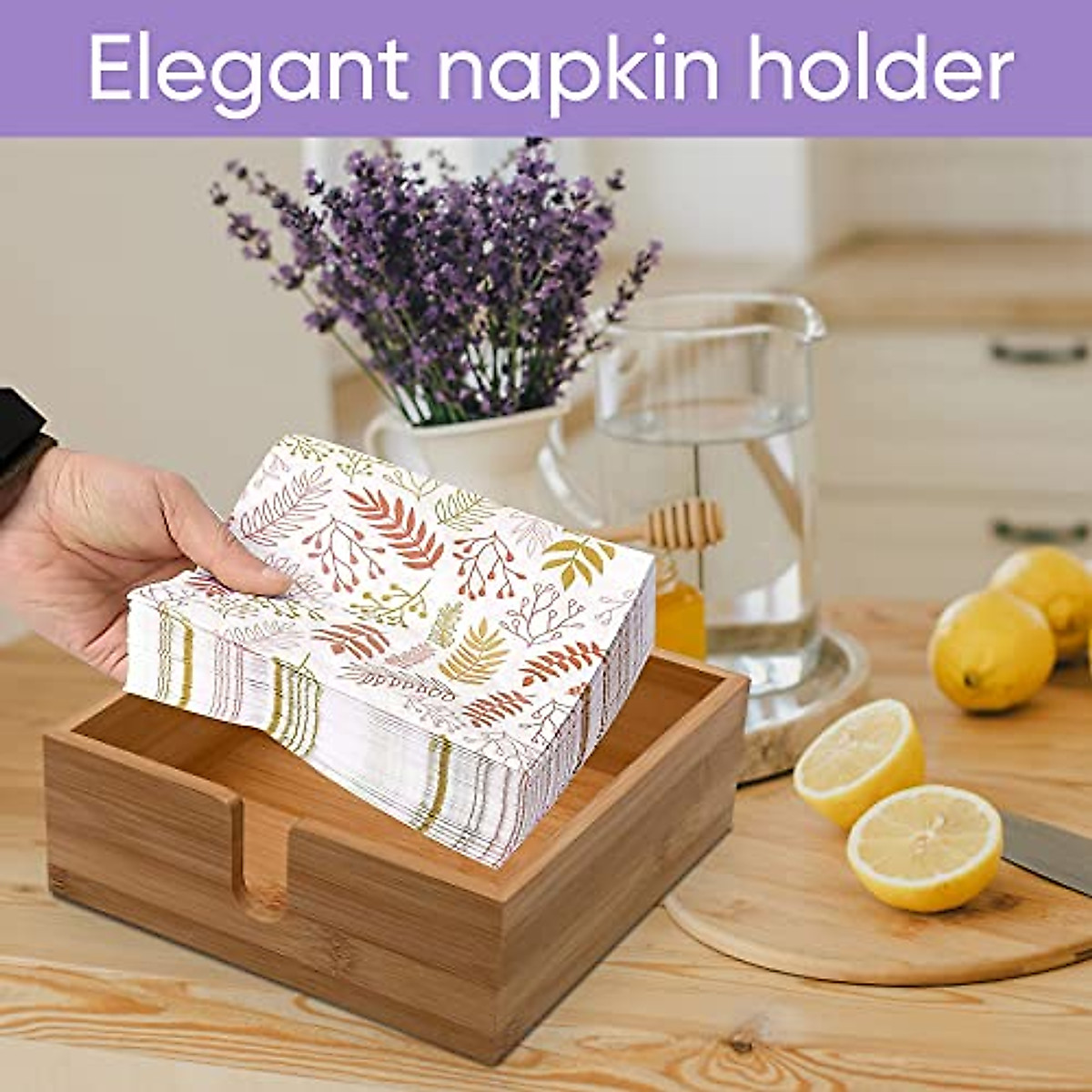 KOVOT Bamboo Napkin Holder – 7"W x 7"W Flat Square Natural Wooden Napkin Tray – Table Top Decorative Tissue Paper Dispenser for Kitchen, Luncheon & Dining Table