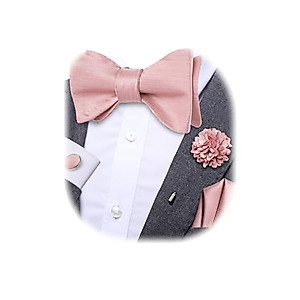 Dubulle Self Tie Bow Ties and Lapel Pin for Men Paisley Solid Mens Bowtie and Handkerchief Cufflinks Set Wedding,Blush Rose Gold