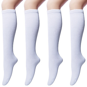Senker Fashion Women's 4 Pairs Knee High Cotton Solid Knit Socks, White(4 Pairs)