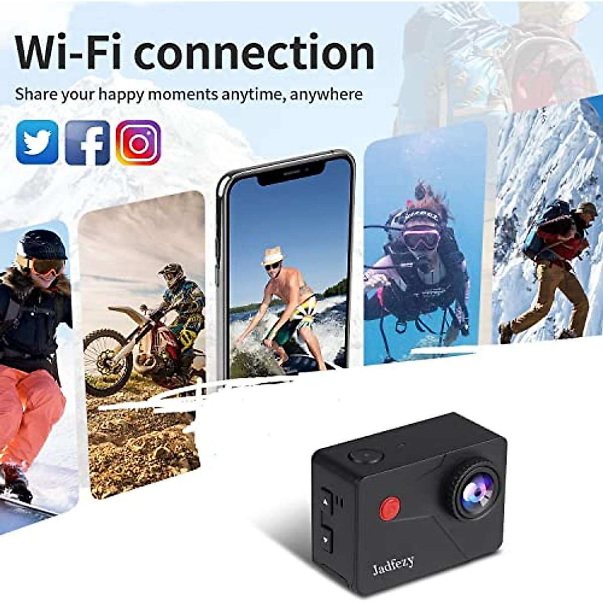 Jadfezy Action Camera 4K with WiFi, Remote Control, Sports Camera with Charger and 2×1350 mAh Batteries, 30M/98FT Waterproof Camera Mounting Accessories for Helmet and Bicycle etc. (4K 30FPS)