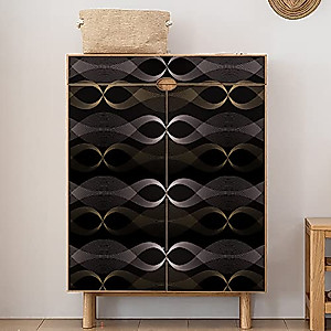 CHENGZHG 17.7" x 196" Peel and Stick Stripe Wallpaper Modern Black Contact Paper Black and Gold Removable Wave Wallpaper Self Adhesive Film for Cabinets Kitchen Bedroom Furniture