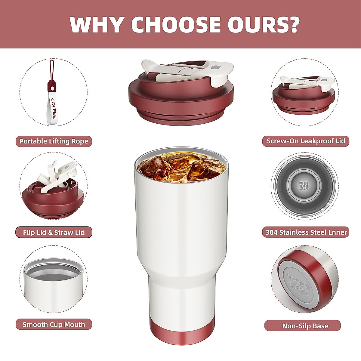 Weisidi Coffee Mug - 18 oz (530ml) Stainless Steel Vacuum Insulated Tumbler - Spill Proof Travel Coffee Tumbler - Keeps Drinks Hot and Cold - Coffee Travel Mug Spill Proof Leak Proof (white-red)