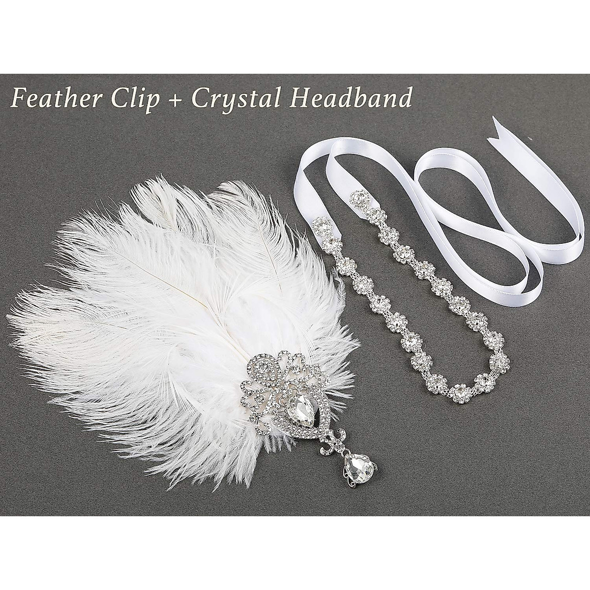 SWEETV 1920s Feather Headpiece Ivory, Womens Ostrich Feather Crystal Headband, Great Gatsby Hair Accessories for Women, Ribbon Tie