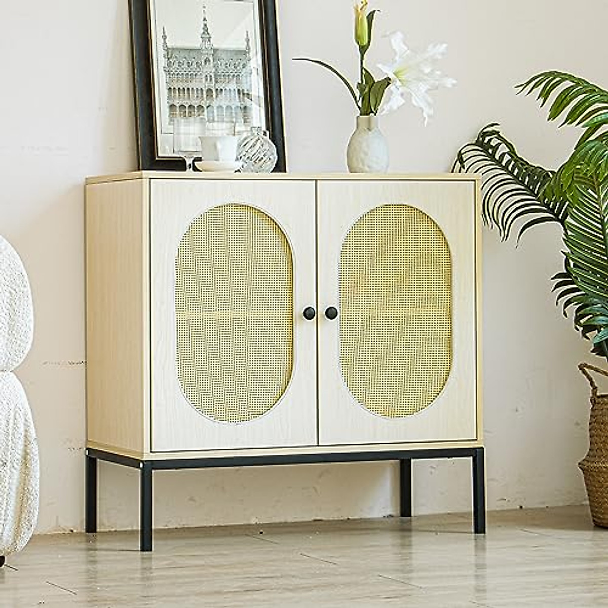 EMKK Sideboard Buffet, Kitchen Storage Rattan Decorated Doors, Liquor Cabinet, Dining Room, Hallway, Cupboard Console Table, Accent Cabine, Natural Wood