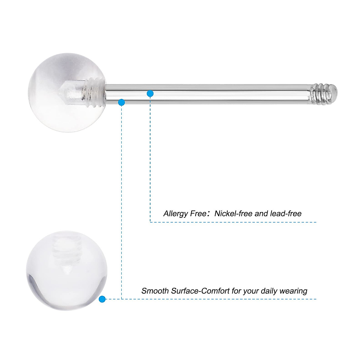 CrazyPiercing Transparent Acrylic Ball and Stainless Steel Bar Tongue ring 14G or Nipple Ring