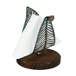OwlGift Freestanding Modern Napkin Holder w/Golden Turquoise Metal Leaf & Brown Wooden Base Design, Tabletop Tissue Dispenser, Napkin Storage Organizer