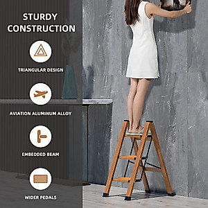 3 Step Ladder, Aluminum Lightweight Folding Step Stool Wide Anti-Slip Pedal, Multi-Functional Ladders with 330lbs Load Capacity for Household and Kitchen Space Saving,Woodgrain