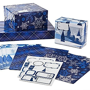 Hallmark Flat Christmas Wrapping Paper Sheets with Cutlines on Reverse and Gift Tag Seals (12 Folded Sheets, 16 Stickers) Blue and Silver Snowflakes, Deer Forest Scene, Blue Tartan Plaid