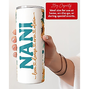 Personalized Nani Tumbler, 20 oz Stainless Steel Sunflower Cup with Lid & Straw, Custom Grandma Gift with Grandkids’ Names, Floral Grandmother Coffee Mug for Birthday, Mother’s Day or Christmas