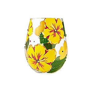 Enesco Designs by Lolita Hibiscus Hand-Painted Artisan Stemless Wine Glass, 1 Count (Pack of 1), Multicolor