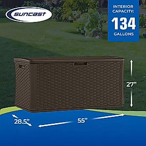 Suncast 134 Gallon Extra Large All-Weather Wicker Pattern Deck Box with Lockable Lid for Garden, Garage, Patio, or Outdoor Use, Java