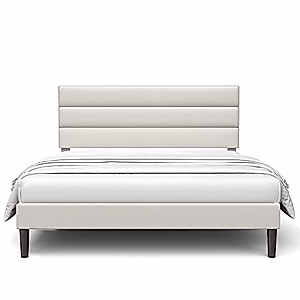 BONSOIR Bed Frame Modern Horizontal Panel Upholstered Low Profile Platform with Tufted Headboard/No Box Spring Needed/No Bed Skirt Needed/Linen Fabric Upholstery/Beige (Queen Size)
