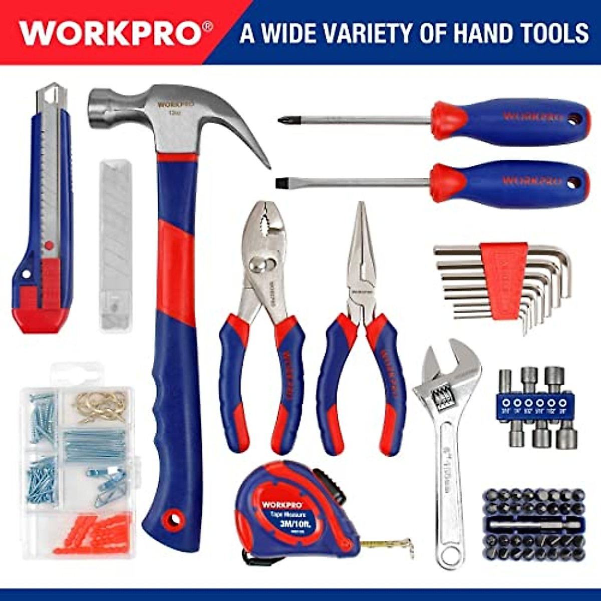 WORKPRO 12V Cordless Drill and Home Tool Kit, 177 Pieces Combo Kit with 14-inch Tool Bag