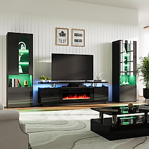 AMERLIFE Entertainment Center with Fireplace and Bookcases, Includes 70" 2-Tier Fireplace TV Stand with 36" Fireplace, 2 x Modern High Gloss Bookshelves with LED Lights & Glass Doors, Black