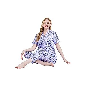 GLOBAL Women's 100% Cotton Pajama Sets | Two-Piece Soft Short-Sleeved and Long Pants PJs for Spring and Summer | Button Down Front Top and Drawstring Waist Bottom Nightwear