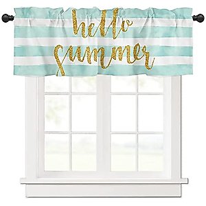 Vograud Valances for Windows, Hello Summer Gold Round Spots on Blue and White Stripes Rod Pocket Kitchen Curtains Valances, Short Window Valances for Living Room Bathroom 42” x 18”