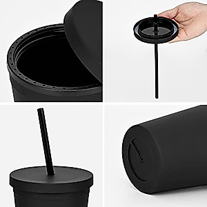 Waipfaru 4 Pack Acrylic Tumbler 16Oz, Acrylic Tumbler with Lids and Straws, Matte Colored Plastic Tumbler for Customized Gift, Double Wall Plastic Tumbler for Cold Hot Drinks (Black)