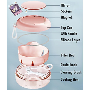 MURRI&MURRDI Retainer Case, Denture Case, Denture Bath Box with Strainer Basket, Cute Denture Holder Retainer Storage Soak Container for Travel Cleaning, Mouth Guard Case, Braces cleaner Cup (B Pink)