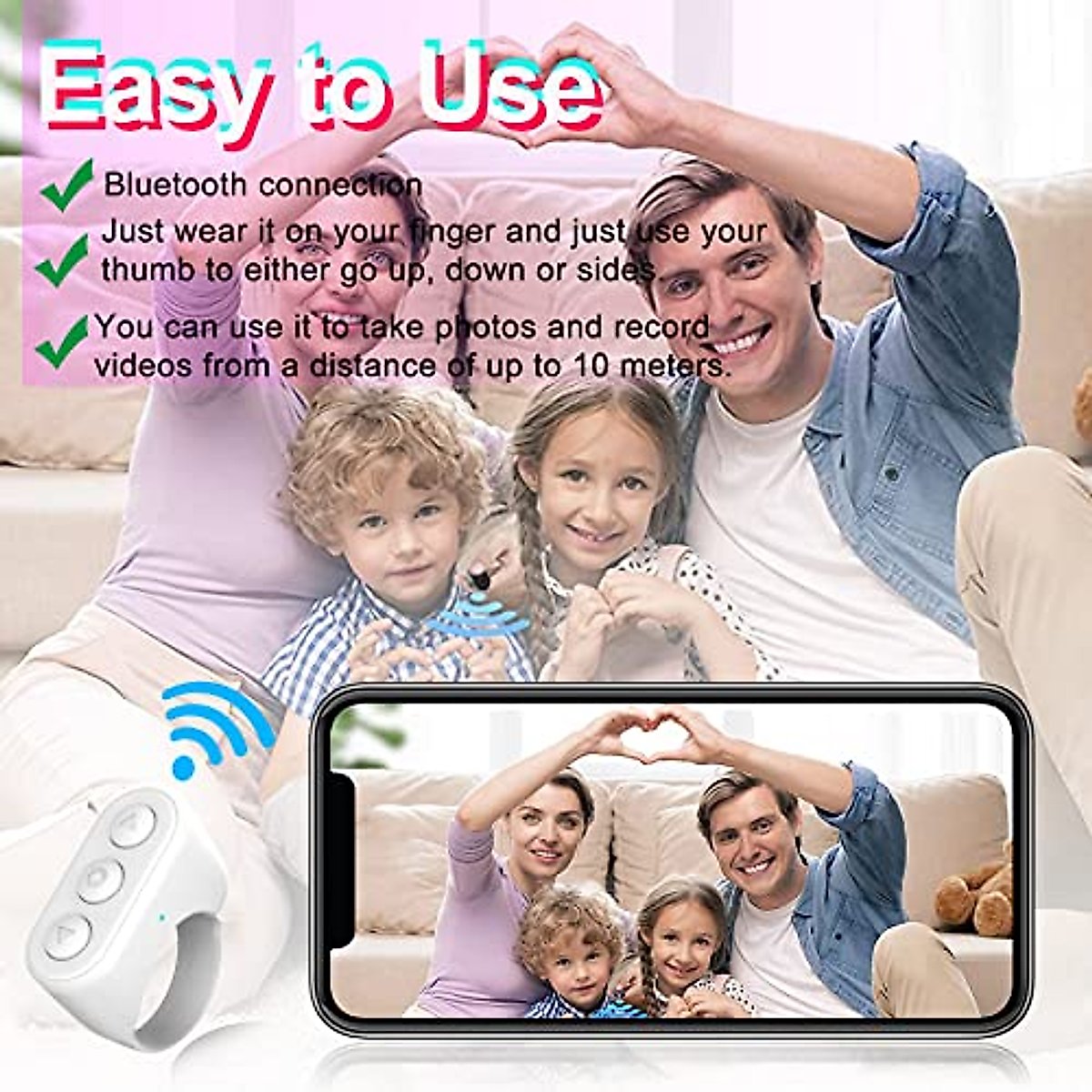 Upgrade TIK Tok Bluetooth Remote Control Page Turner, TUZTUALA 3 in 1 Function Video Scrolling Ring and Camera Shutter Remote and Phone Holder, Compatible with iPhone iPad Android Cell Phone-White