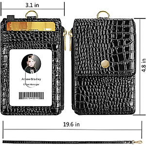 ELV Badge Holder with Zipper, PU Leather ID Badge Card Holder Wallet with 5 Card Slots, 1 Side RFID Blocking Pocket and 20 inch Neck Lanyard Strap for Offices ID, School ID, Driver Licence