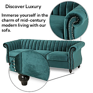 Merax Upholstered Chesterfield Sofa, 3 Seater Vintage Couch Rolled Arm for Living Room Bedroom Office, Teal